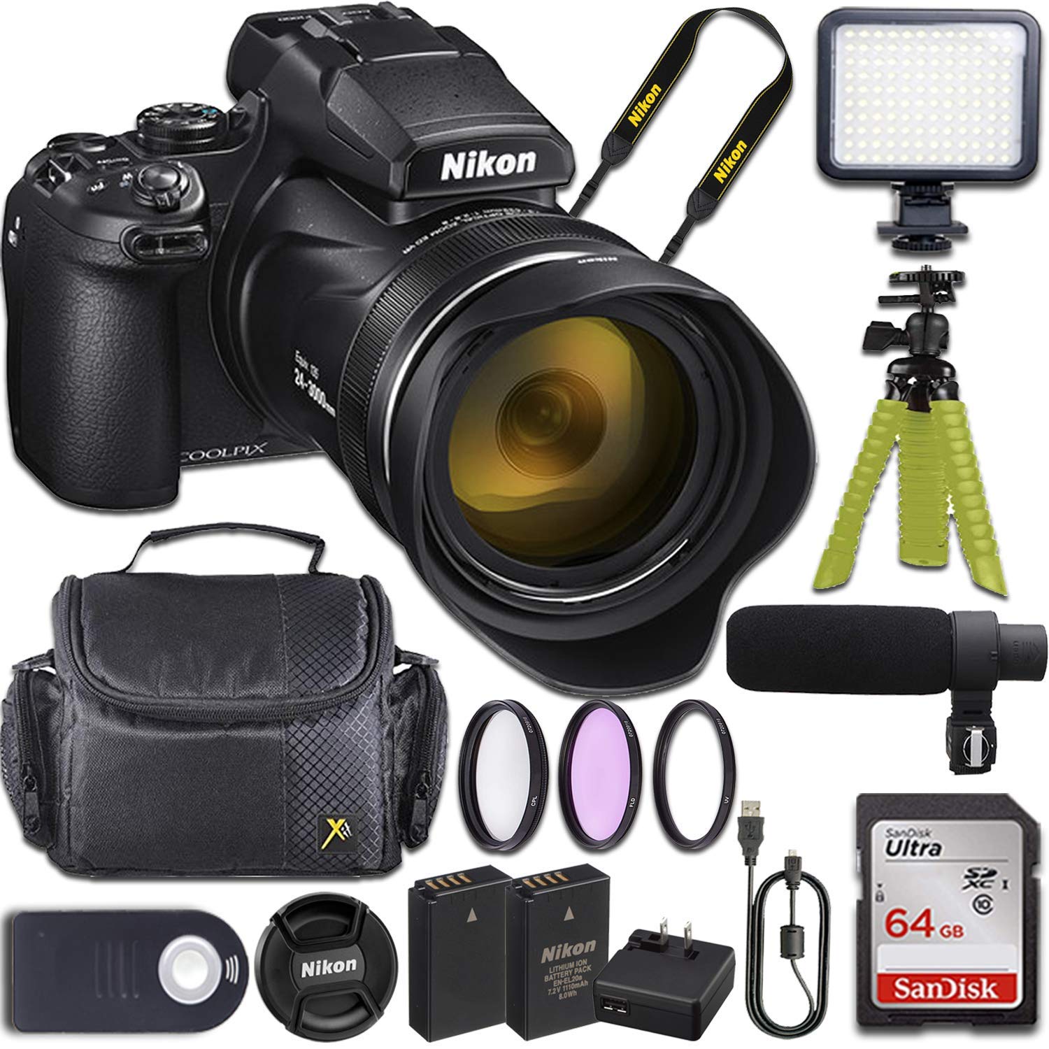 Nikon COOLPIX P1000 Camera with 64GB Memory + Shotgun Microphone + LED Video Light + Video Accessory Bundle (15 Items)