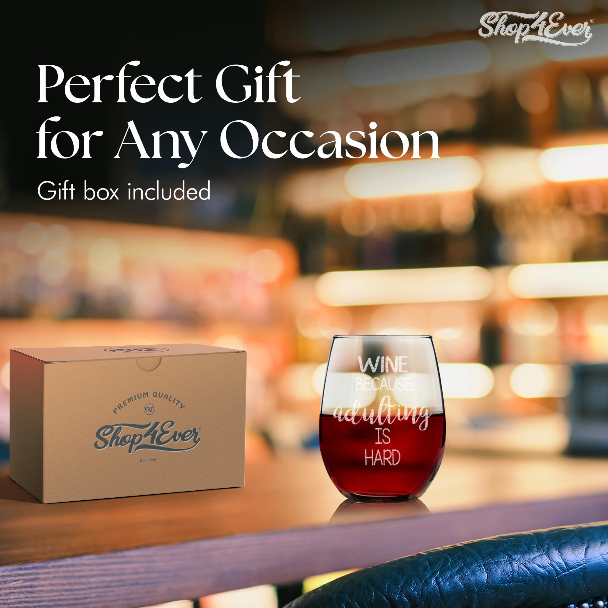 shop4ever Wine Because Adulting is Hard Laser Engraved Stemless Wine Glass 15 oz. Funny Gift