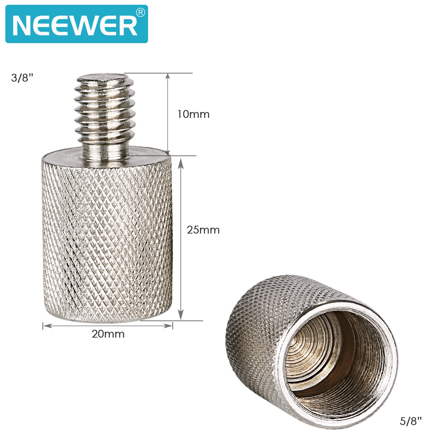 Neewer Nickel Brass Durable Solid 2 Pieces 3/8-inch Male to 5/8-inch Female Screw Thread Adapter for Microphone Mounts and Stands (Silver)
