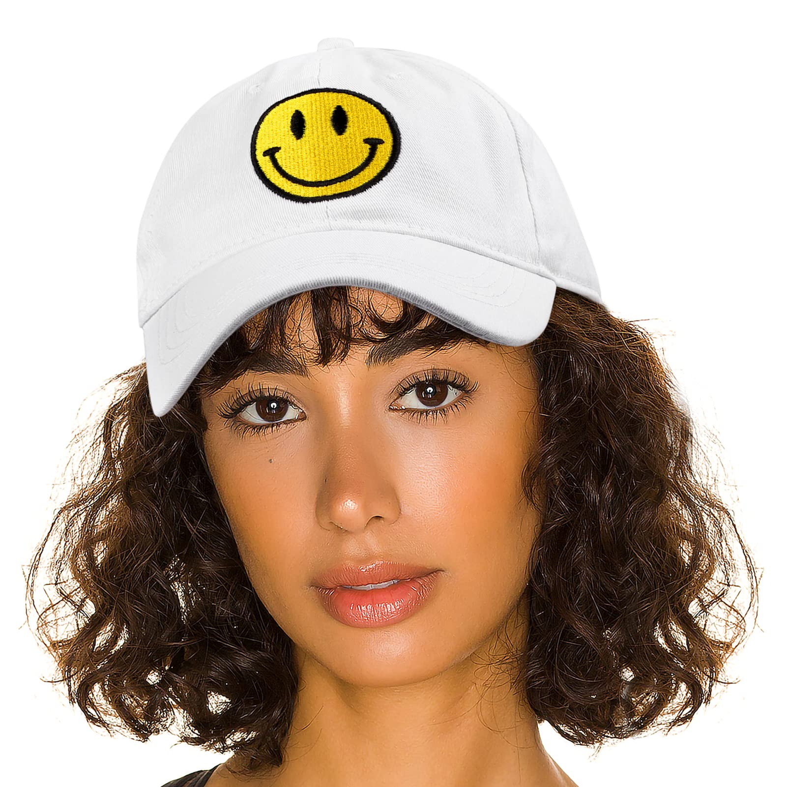 SONMONY Smiley Face Trucker Hat Washed Dad Hat for Men Women Cute Baseball Caps Unstructured Smile Embroidered Hat White