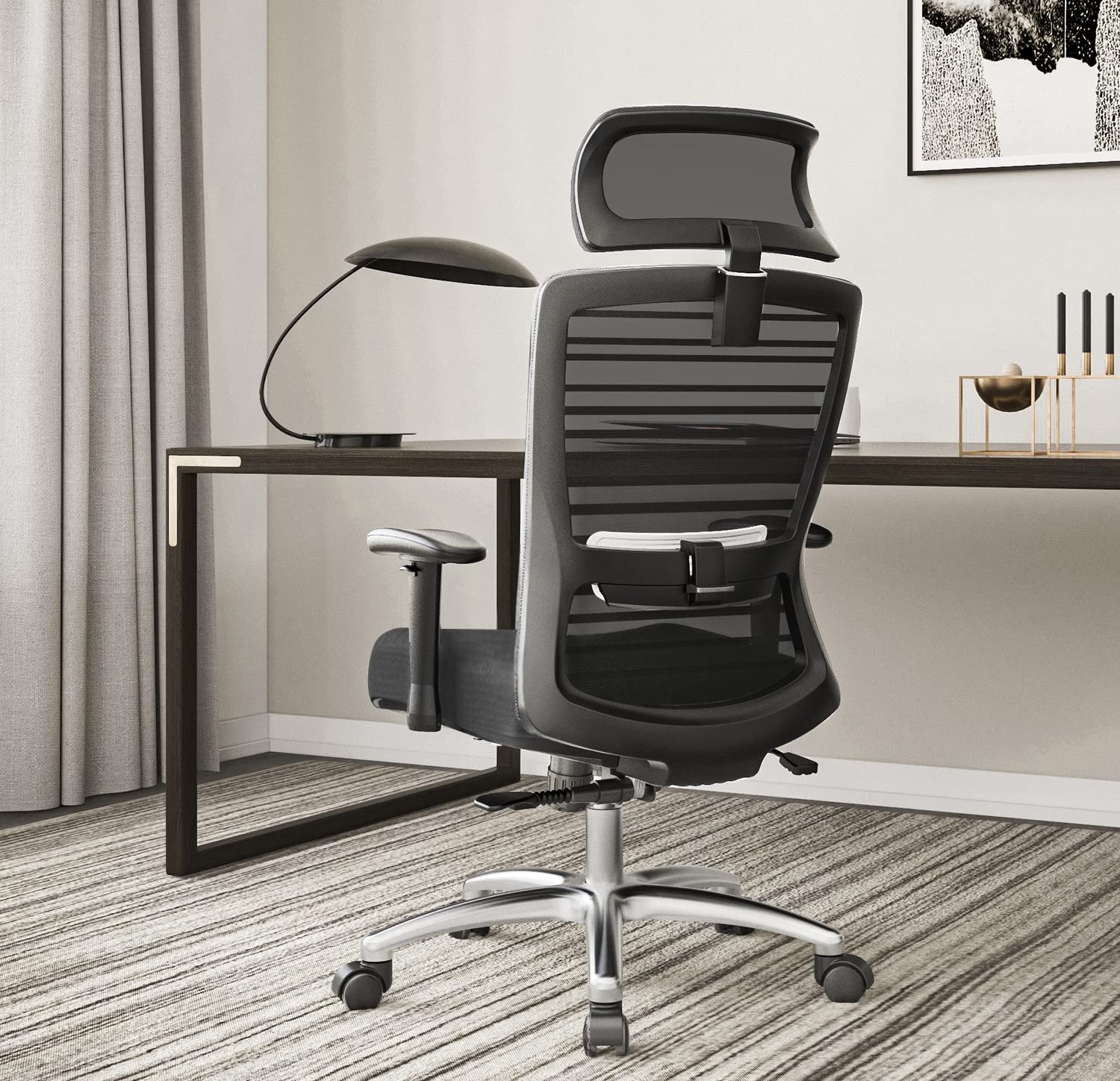NOVELLAND Ergonomic Reclines Office Chair with Adjustable Lumbar Support and Rollerblade Wheels - High Back with Breathable Mesh - Adjustable Head & Arm Rests