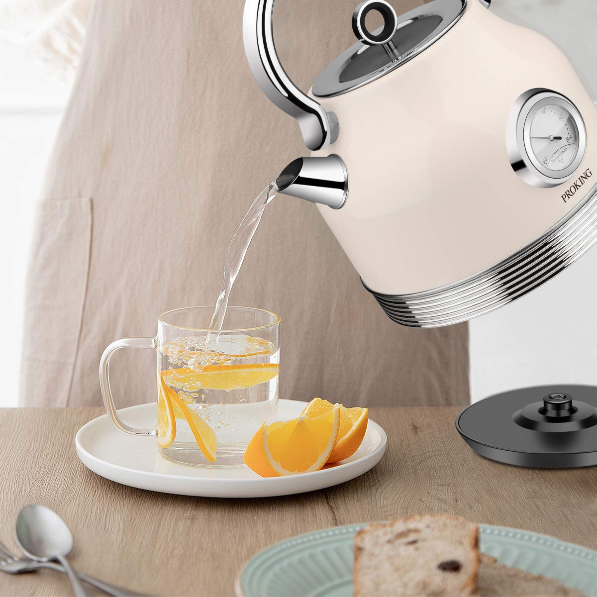 Retro Electric Kettle Stainless Steel 1.7L Tea Kettle, Hot Water Boiler with Thermometer&Led Light, Fast Boiling, Auto Shut-Off&Boil-Dry Protection (Beige)