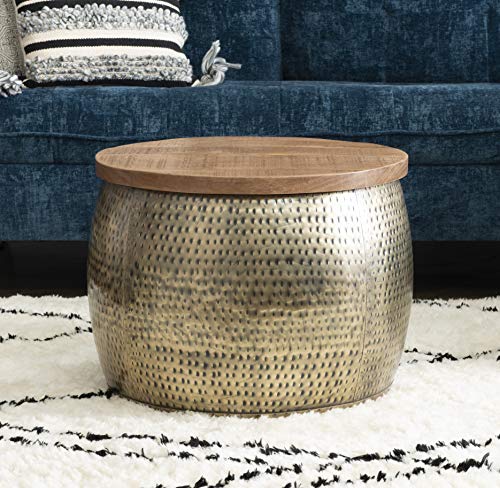 Powell Hammered Gold Drum with Natural Wood Lift Top for Storage Janice Table
