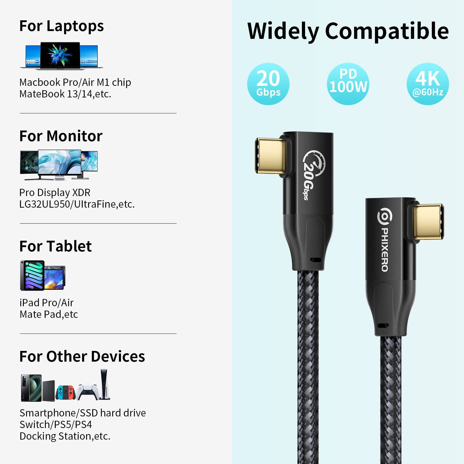 USB C to USB C Cable 100W 1.6ft, Right Angle USB C 3.2 Gen 2x2 20Gbps Data Transfer Cable, Fast Charging Cable with 4K Video Output, Compatible with Thunderbolt 3, MacBook Pro, iPad Pro, Samsung
