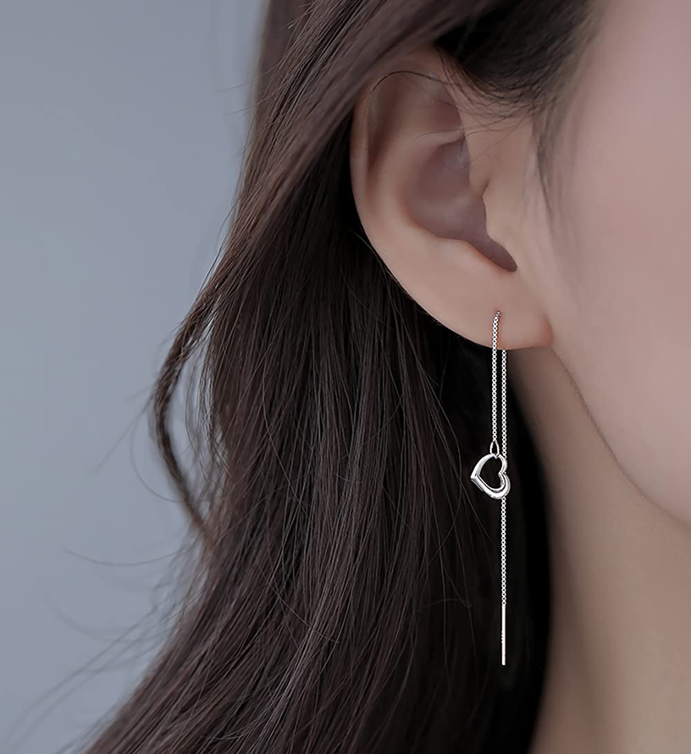 Reffeer Solid 925 Sterling Silver Love Heart Chain Dangle Earrings Tassel for Women Heart Dangle Earrings Threader Drops (A-Silver)