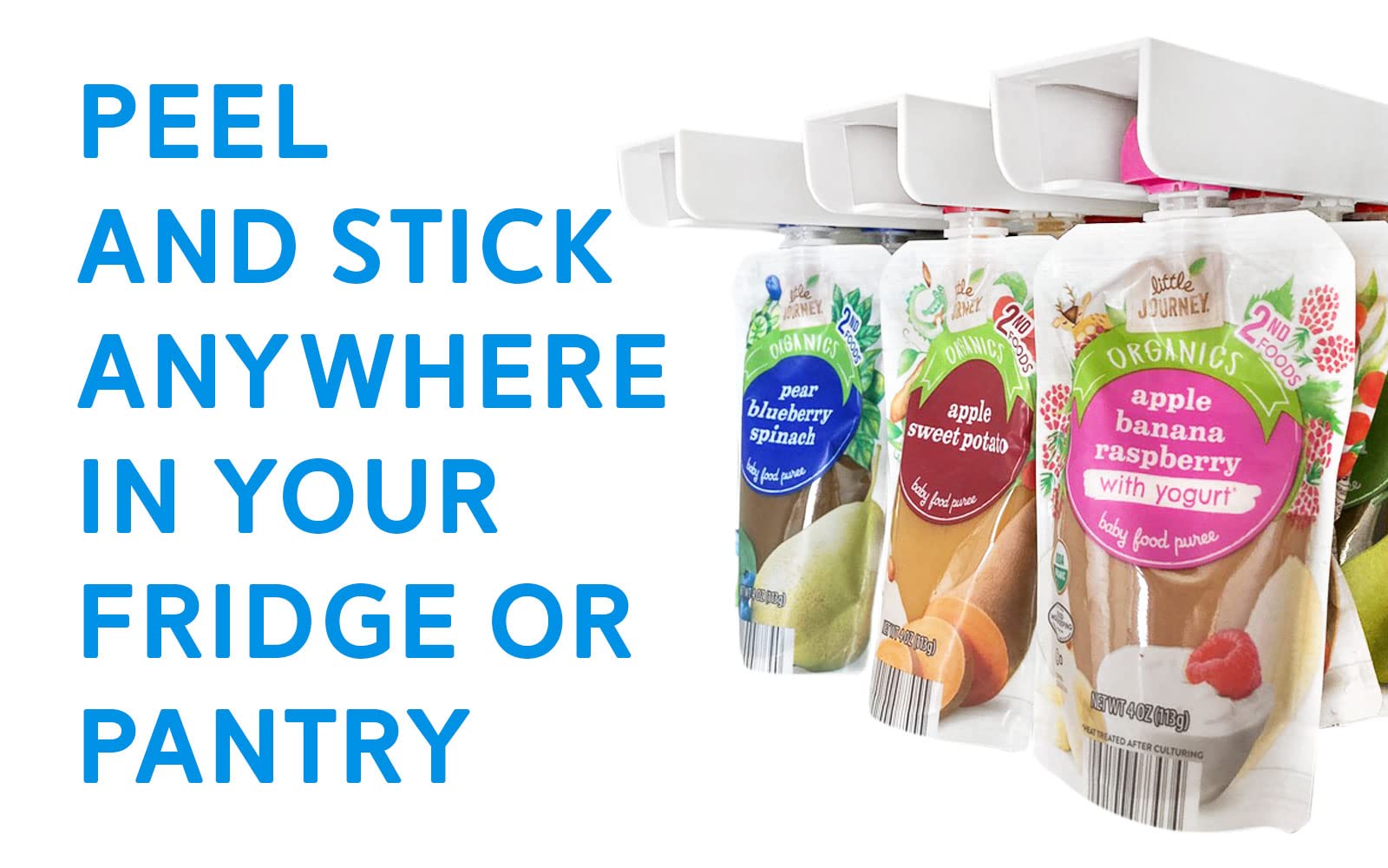 Storage Theory Food Pouch Slider Organizer for Kitchen Pantry, Cabinet and Refrigerator - Peel and Stick Storage for Applesauce, Yogurt, Baby Food Pouches - 6 pk