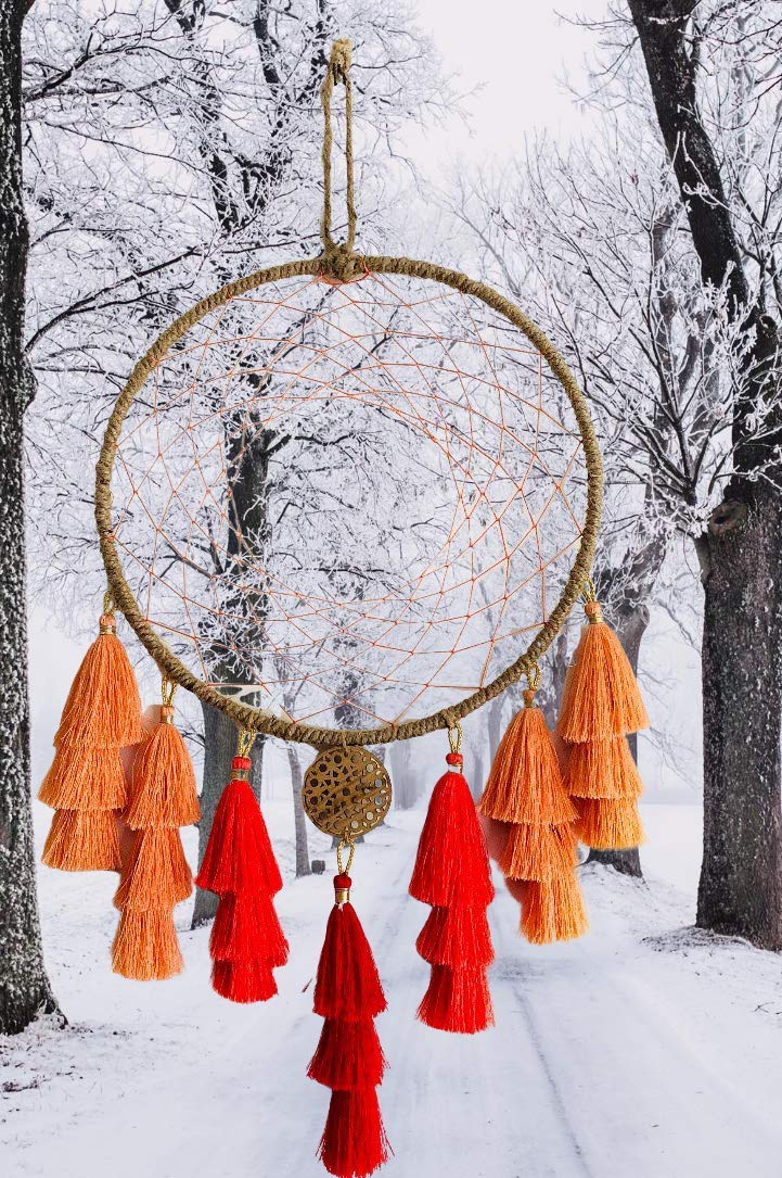 Now Is Now Boho Fall Autumn Rustic Urban Vibrant Wall Decor Amber Tassels Web Dream Catcher Hanging Height 23.6 in (60 cms),
