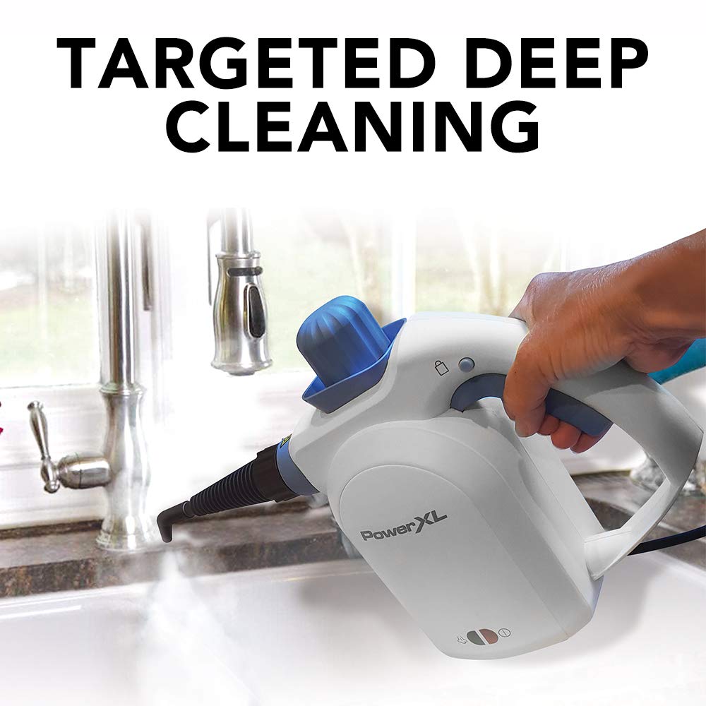 PowerXL Steam Cleaner, Portable Multi-Surface Handheld Pressurized Steamer, 12 Piece Attachment Set, 12 x 9 Inch, Blue and White