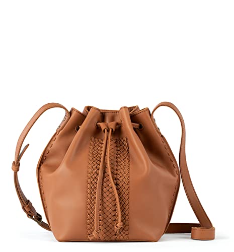 The Sak Ivy Drawstring Bucket Bag in Leather, Convertible Purse with Crossbody Strap, Tobacco Vachetta