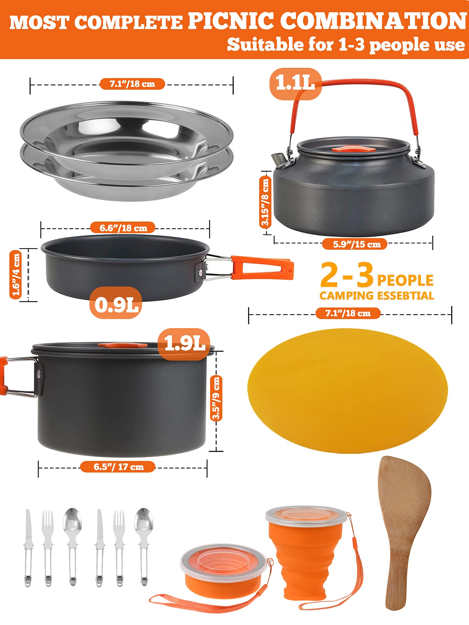 Outdoor Ultralight Camping Cookware Mess Kit with 1.1L Kettle, Pot, Pan, 2 Plates, 2 Foldable Cups, 2 Fork Spoon Kits, Chopping Board, Camping Cooking Set for Outdoor Backpacking Hiking Picnic Fishing