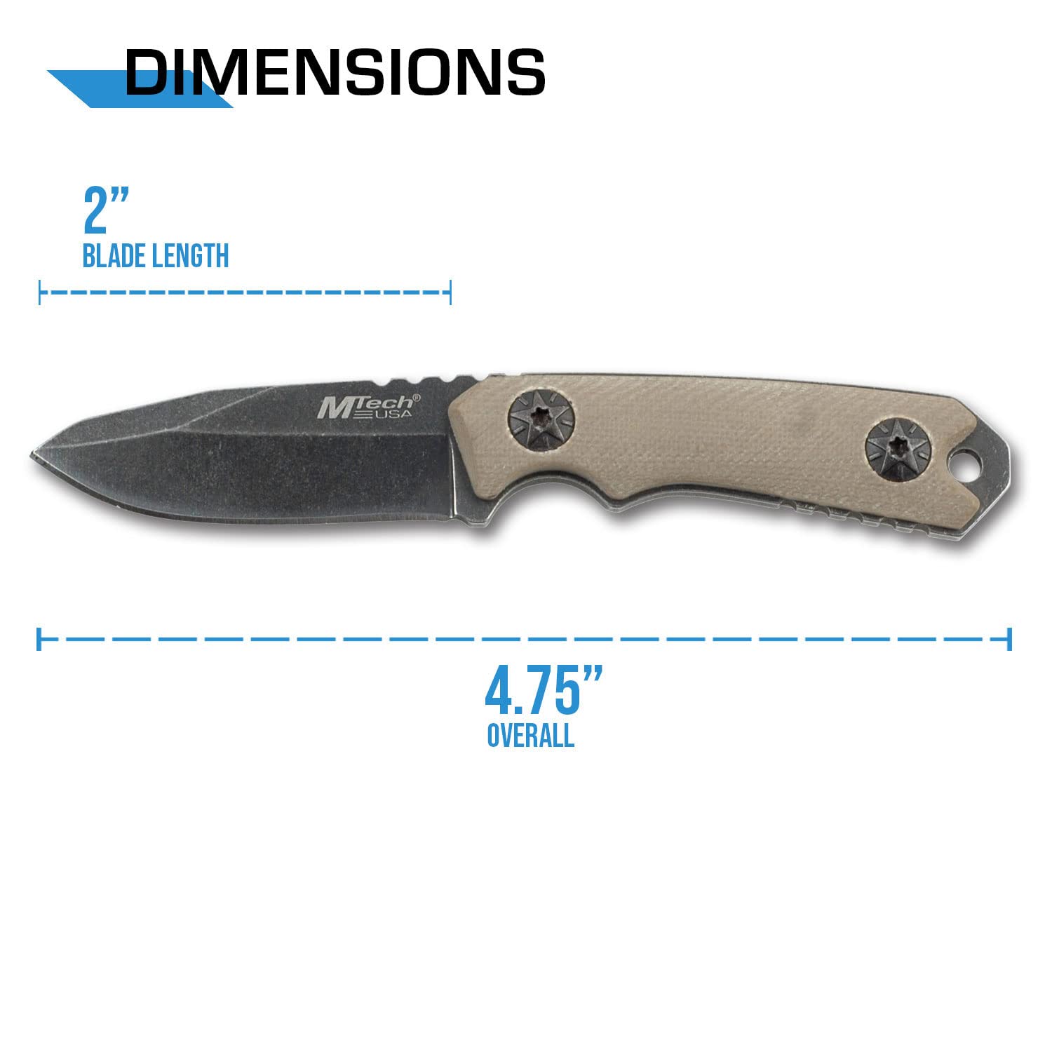 MTech USA β Fixed Blade Knife β Neck Knife β Stonewashed Finish Blade w/ Tan G10 Handle, Full Tang, Kydex Sheath with Ball Chain - Hunting, Camping, Survival, Tactical, EDC β MT-20-30