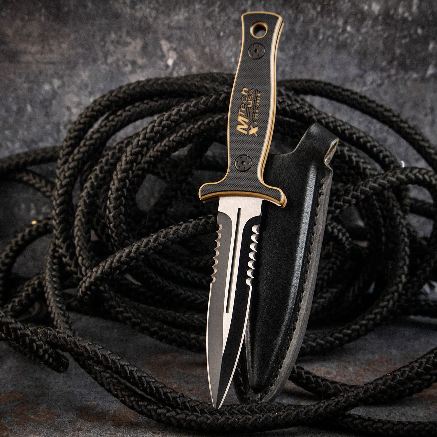 MTech USA Xtreme β Fixed Blade Knife β Partially Serrated, Black and Satin Finish Blade w/ Black/Tan G10 Handle, Full Tang Construction, Includes Leather Sheath, EDC, Tactical β MX-8059TN