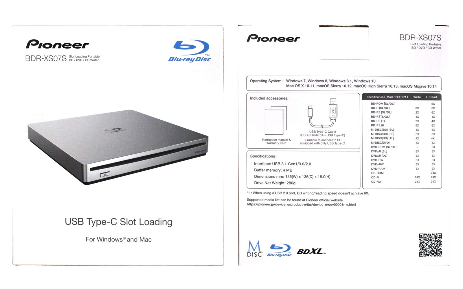 Produplicator Pioneer BDR-XS07S Portable 6X Blu-ray Burner External Drive with USB Cable - Burns CD DVD BD DL BDXL Discs