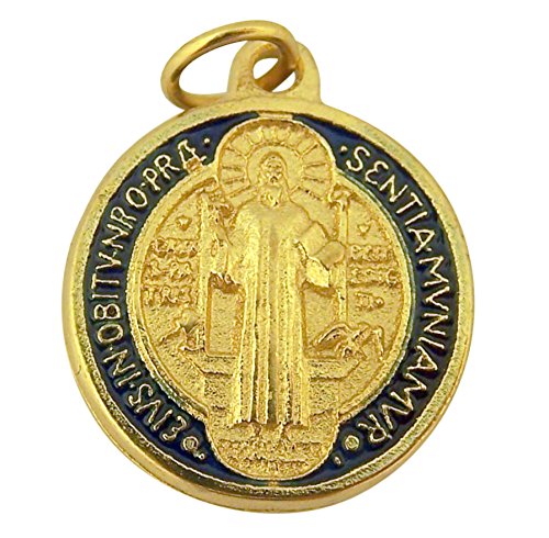 NIANWUDU Gold Tone Blue and Red Enamel Saint Benedict Evil Protection Medal, 3/4 Inch