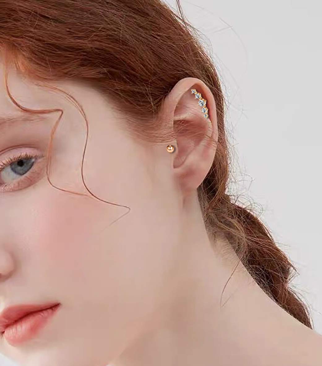 REVOLIA 16 Pcs 16G Stainless Steel Tragus Earring Cartilage Helix Single Earring Lip Rings Labret Studs Daith Rook Piercing Rose-gold