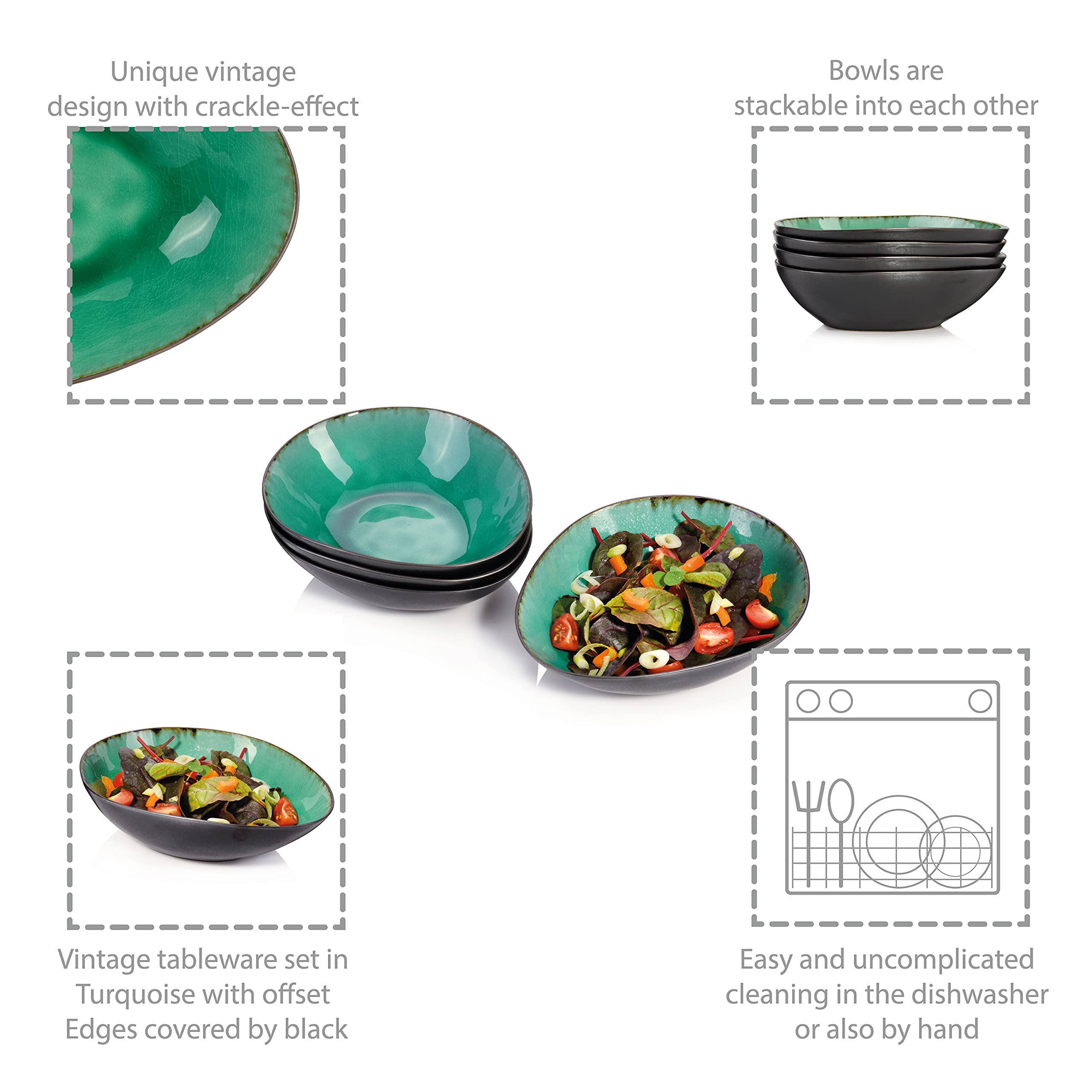 Sänger | Salad bowl Palm Beach 4 pieces, bowl for salad 4 people, stoneware tableware set for salad, handmade salad plate dishwasher safe multifunctional, salad plate green with black accents | 760ml