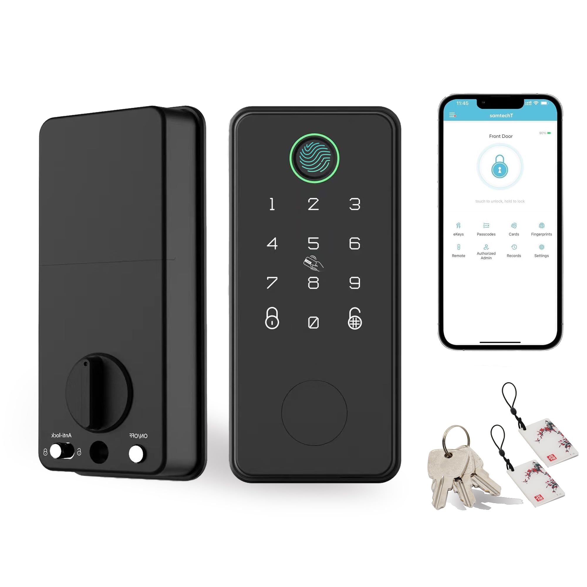 Matte Black Automatic Smart Lock, 5-in-1 Keyless Entry Door Lock, App Remote Control, Electronic Door Lock with Fingerprint, IC Cards, Touchscreen Keypad, Key,No Bridge Required, Easy Installation