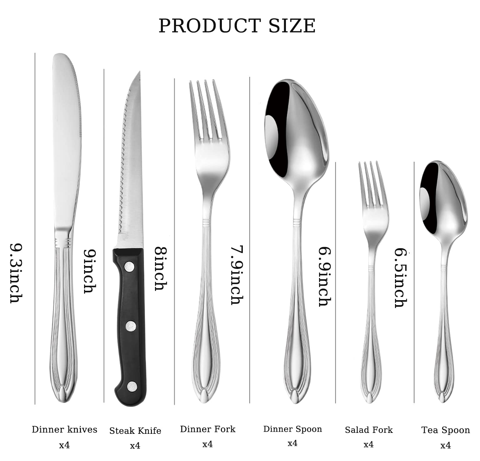 Silverware Set with Steak Knives, Caliamary 24-Piece Stainless Steel Flatware Cutlery Set for 4, Kitchen Cutlery Set for Home Kitchen Restaurant Hotel, Mirror Polished, Dishwasher Safe