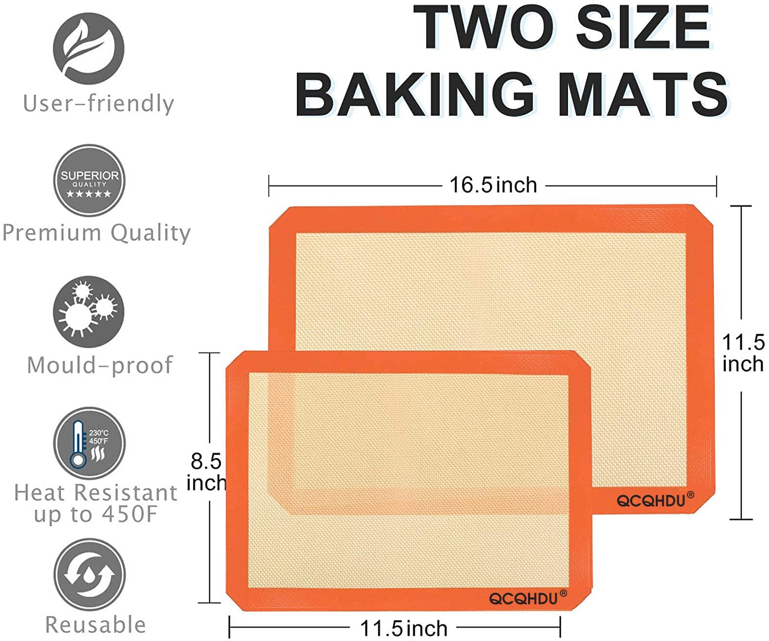 Silicone Baking Mat Set of 4-2 Half Sheet (11-5/8" x 16-1/2") 2 Quarter Sheet (8-1/2" x 11-1/2"),100% Non-Stick Reusable Food Safe Tray Pan Sheet Liners With Macaron, Pastry, Cookie (Orange)