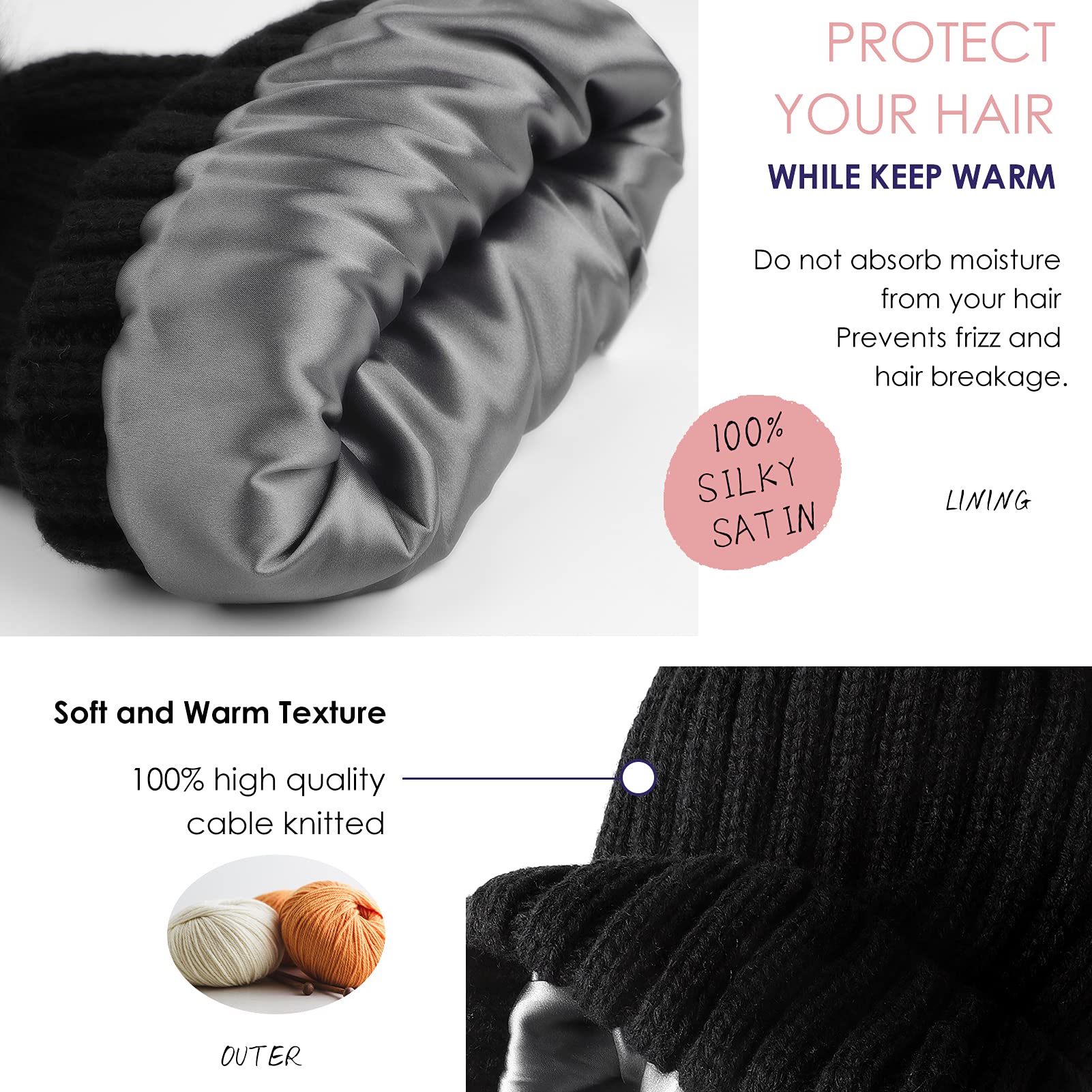 SHINCHIC Womens Winter Satin Lined Beanie Hat Cuffed Faux Fur Pom Hat Knitted Warm Soft Skull Cap Black