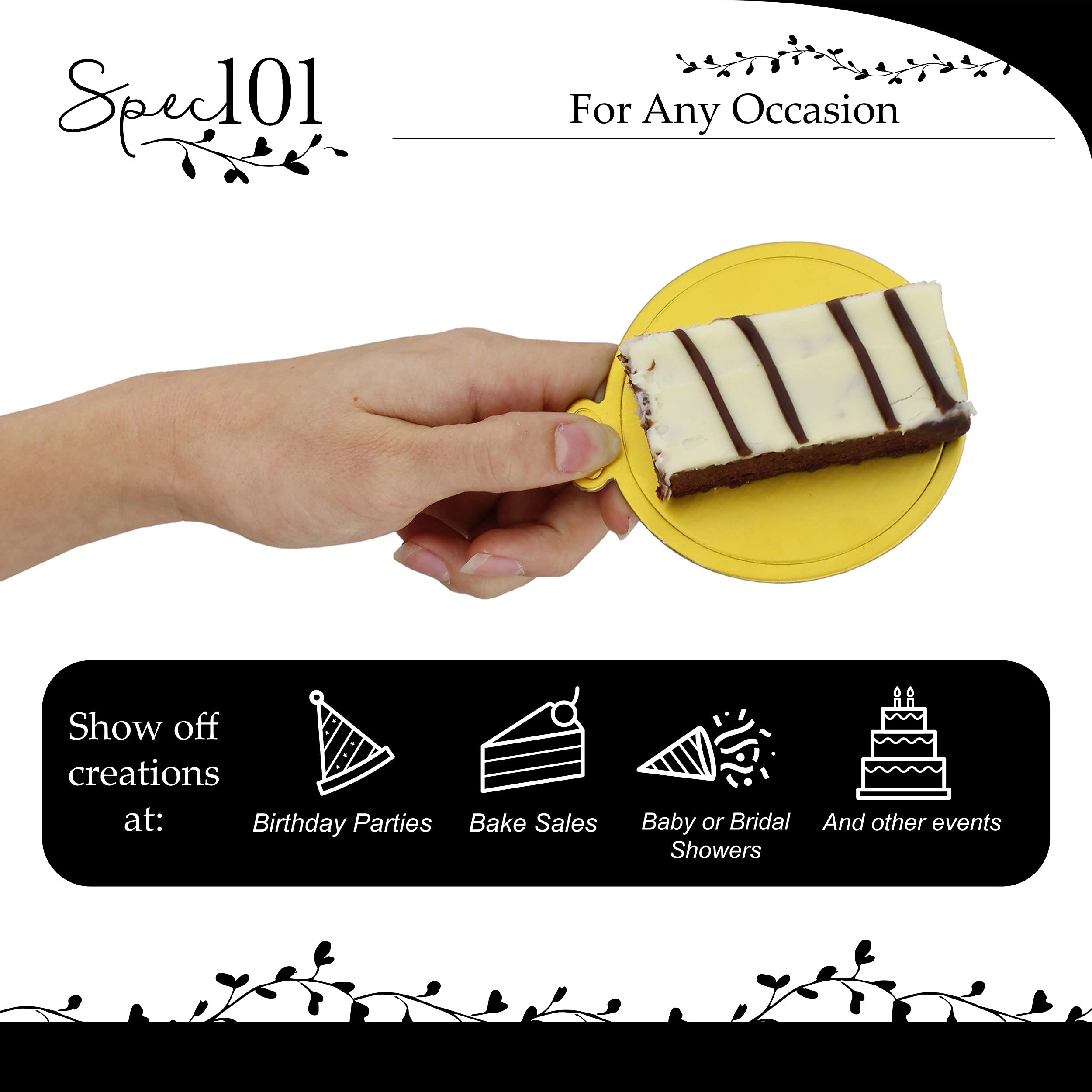 Spec101 Mini Round Cake Boards Bulk 100pk - 3.5 Inch Cake Drum Round Gold Cardboard Base Plates for Individual Serving