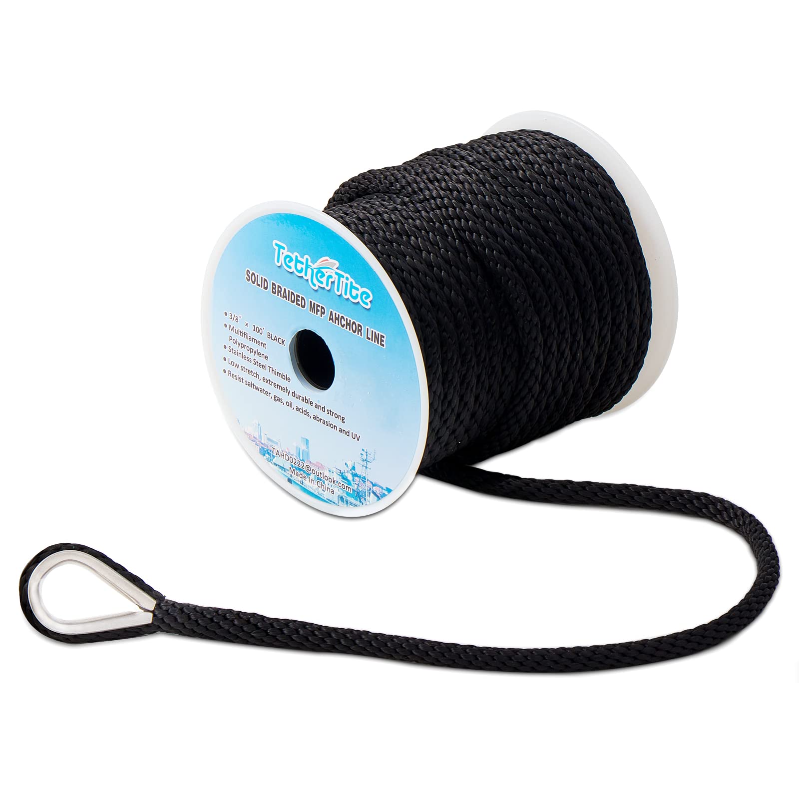 TetherTite Anchor line 3/8 Inch 100 Feet, Premium White Solid Braided MFP Boat Anchor Rope with Stainless Steel Thimble (3/8" x 100', Black)