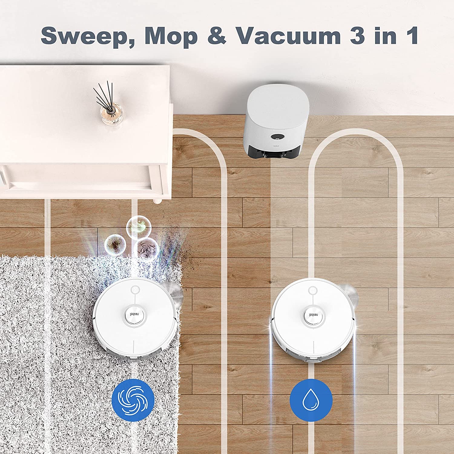 N2 Robot Vacuum with Self-Emptying, Wi-Fi Connected, Compatible with Alexa, Lidar Navigation, Sweep, Mop & Vacuum 3 in 1 Robot Vacuum Cleaner, Carpet & Hard Floor, Ideal for Pet Hair, Carpets White3