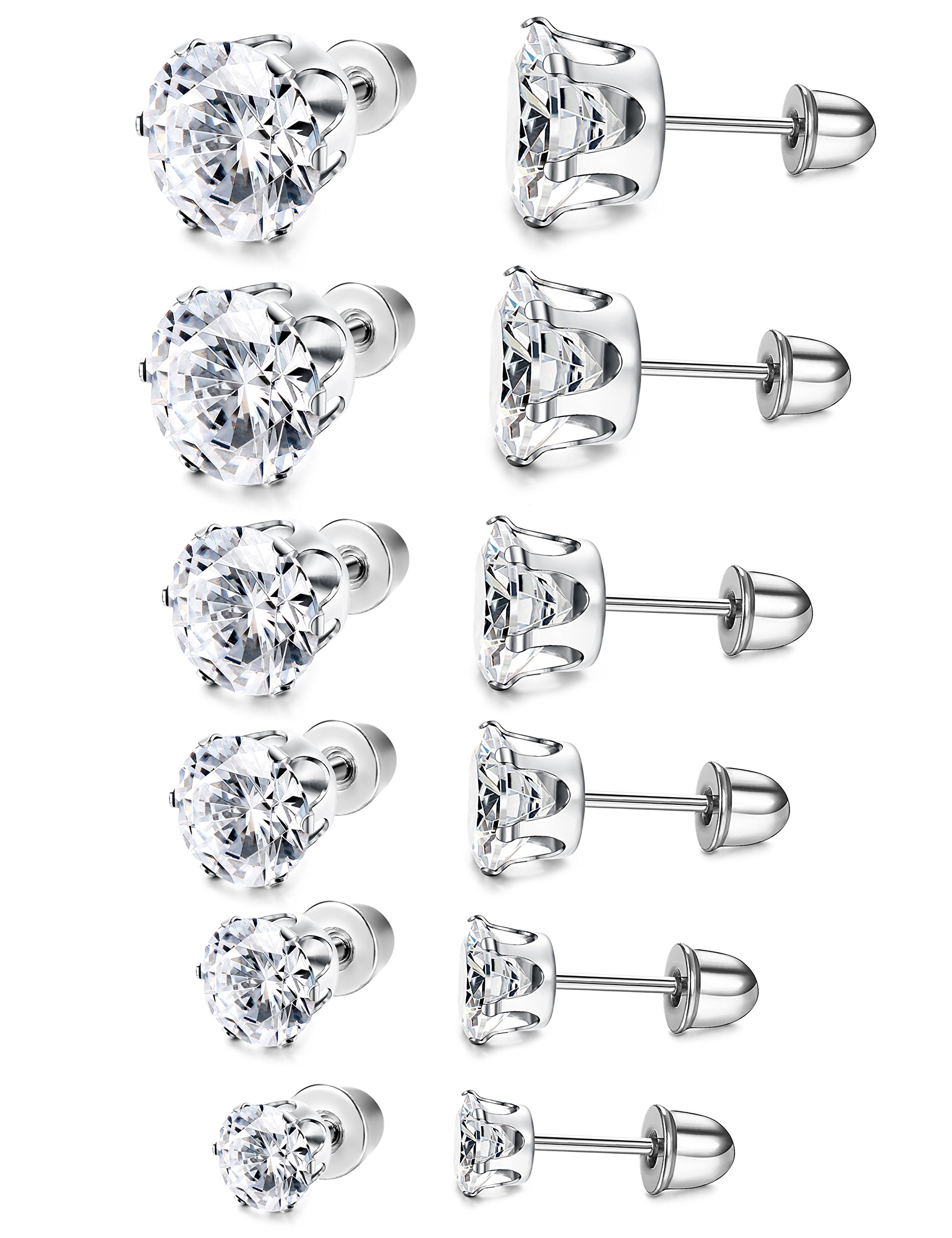 LOYALLOOK 6 Pairs Stainless Steel Clear Cubic Zirconia Stud Earring Ear Piercings for Women 3-8mm
