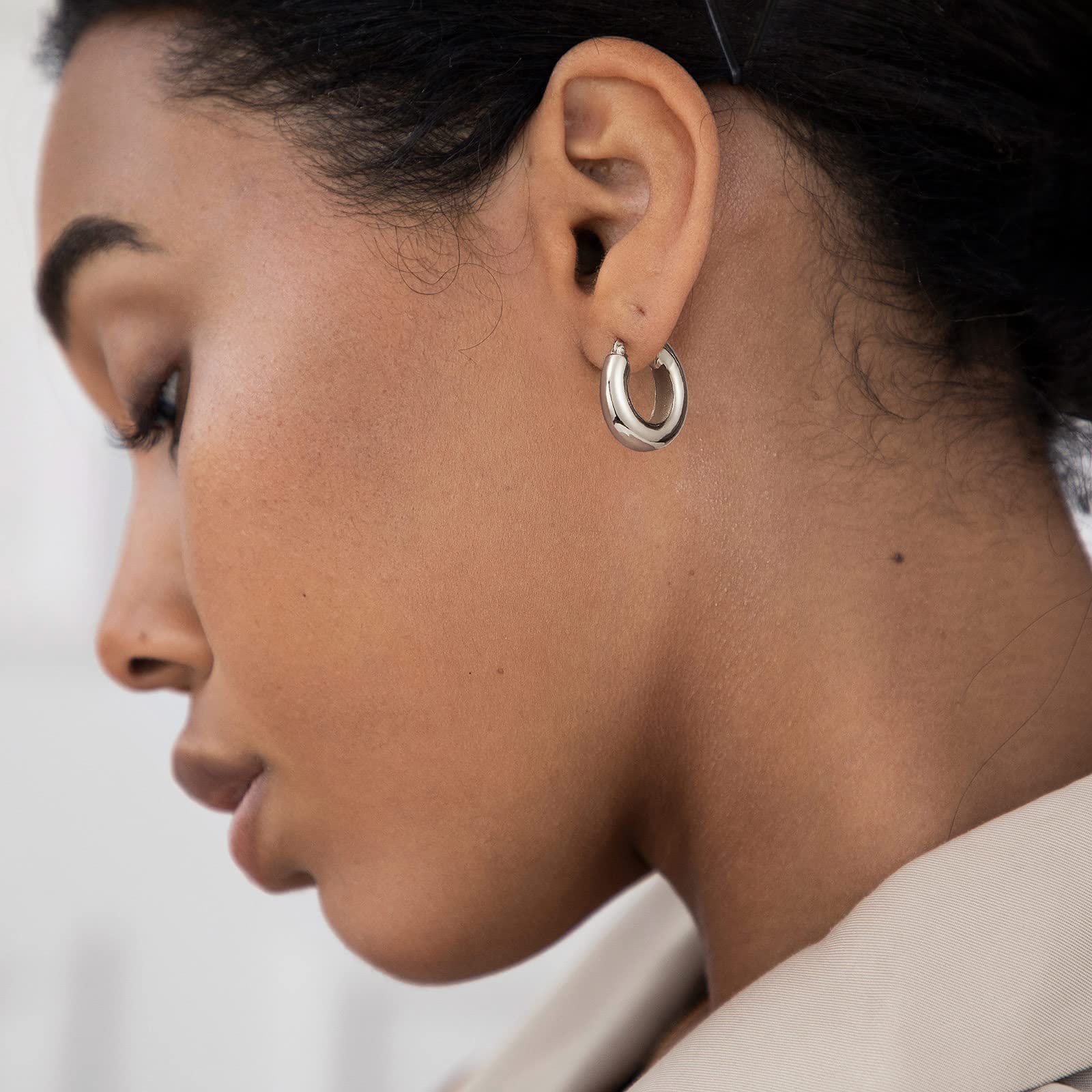 SWEETV Sterling Silver Earrings for Women Silver Chunky Hoop Earrings Thick Huggie Earrings Hypoallergenic Hoops
