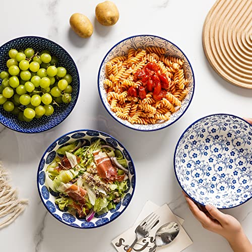 Selamica Ceramic 50 Ounce Pasta Bowls Set of 4, 8.6 Inch Large Salad Bowls, Wide and Shallow Porcelain Soup Bowls, Stackable Serving Bowls, Microwave Dishwasher Safe, Christmas Gift, Vintage Blue