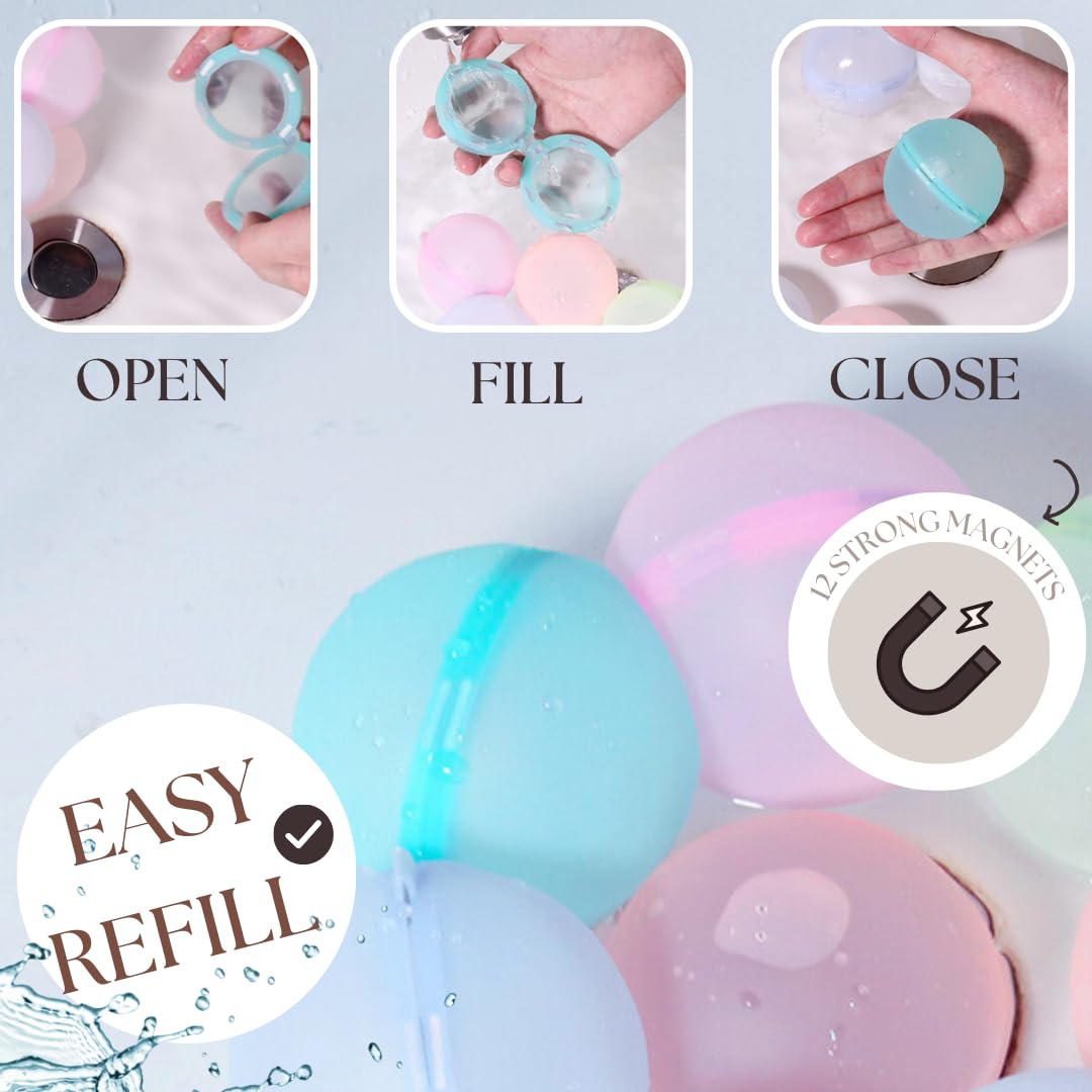 N3ST 16 Pack Reusable Magnetic Water Balloons + Storage Bag | Quick Fill Splash Balls | Refillable Silicone Water Bombs | Perfect for Pool Parties, Birthdays, and Summer Fun