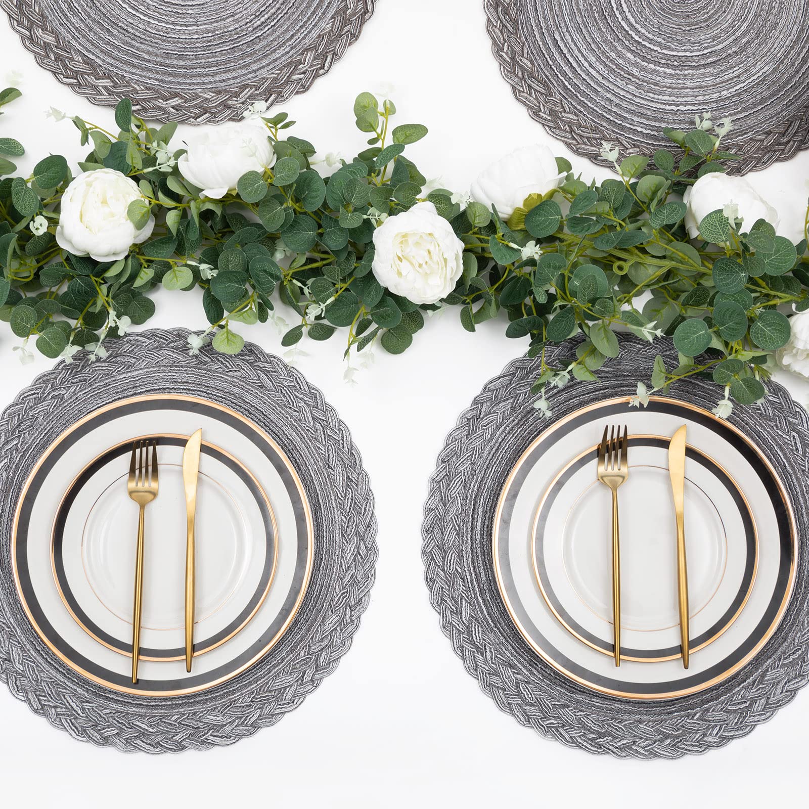 SHACOS Round Placemats Set of 6 Woven Round Table Mats 15 inch Braided Border Washable Cotton Polyester Circle Place Mats, Gray