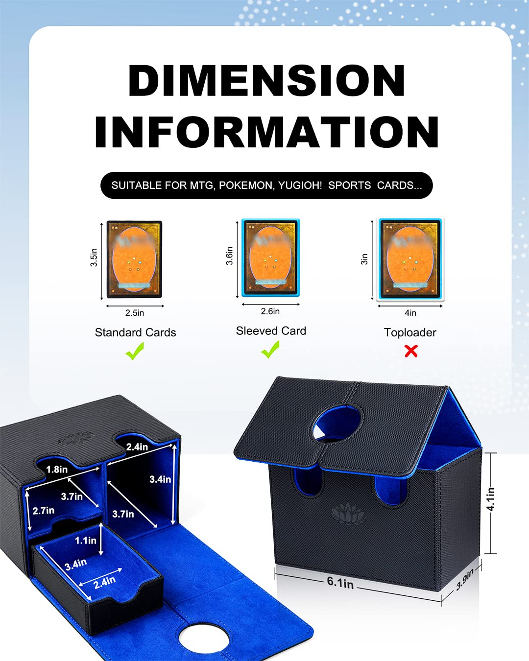 UAONO Card Deck Box for MTG Commander Deck, Double Deck Box With Dice Tray Holds 200+ Sleeved Trading Cards, Card Case Storage Box for Magic The Gathering Sports Playing Cards (Black&Blue)