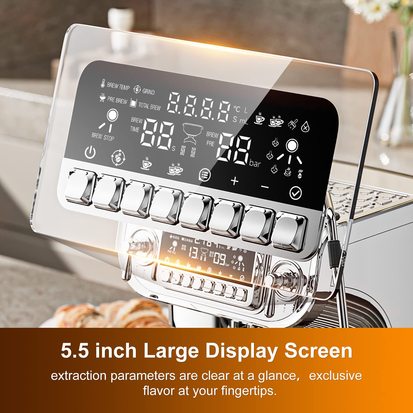 Mcilpoog TC530 Espresso Machine with Milk Frother,Semi Automatic Coffee Machine with Grinder,Easy To Use Espresso Coffee Maker with 5.5 inch Large Screen,15 Bar Pressure Pump,PID Temperature Control.