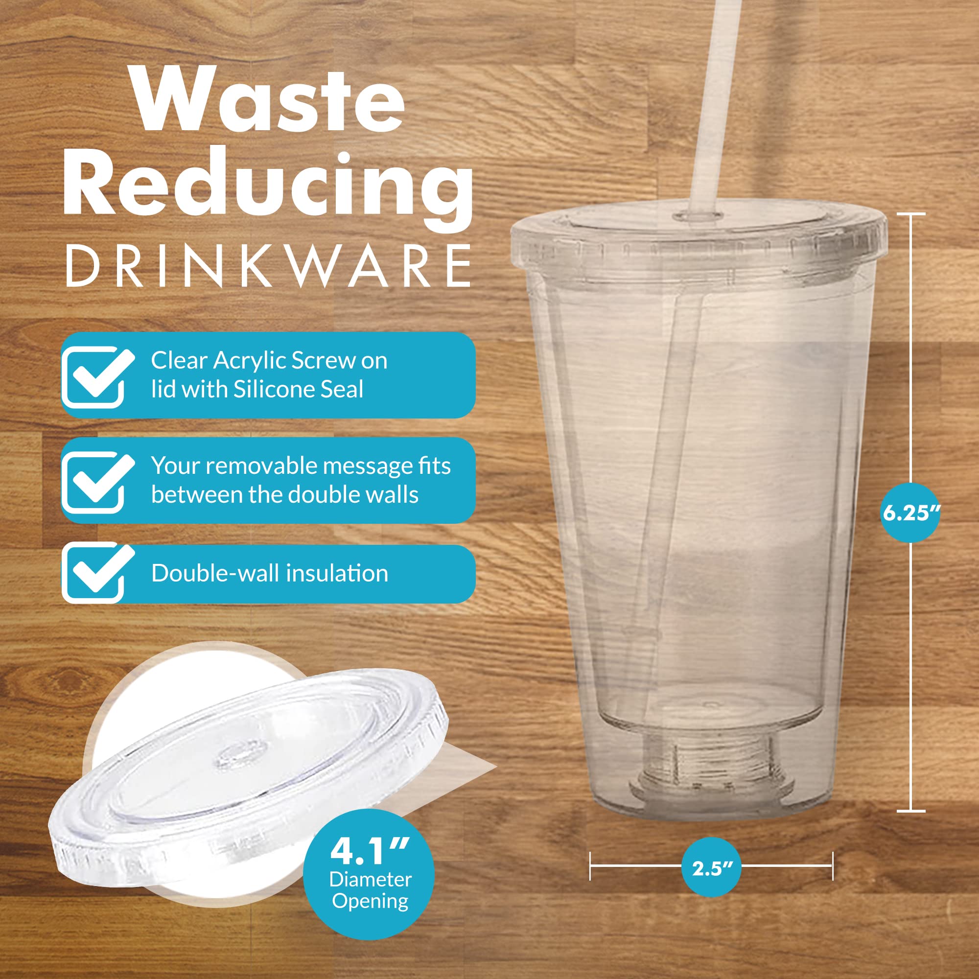 Simple Green Solutions - Customizable Paper Insert Acrylic Double Wall Cup for Cold Drinks, Clear Reusable Cups with Lids & Straws, Insulated Plastic Tumblers with Lids & Straw, Acrylic Tumblers, 16oz