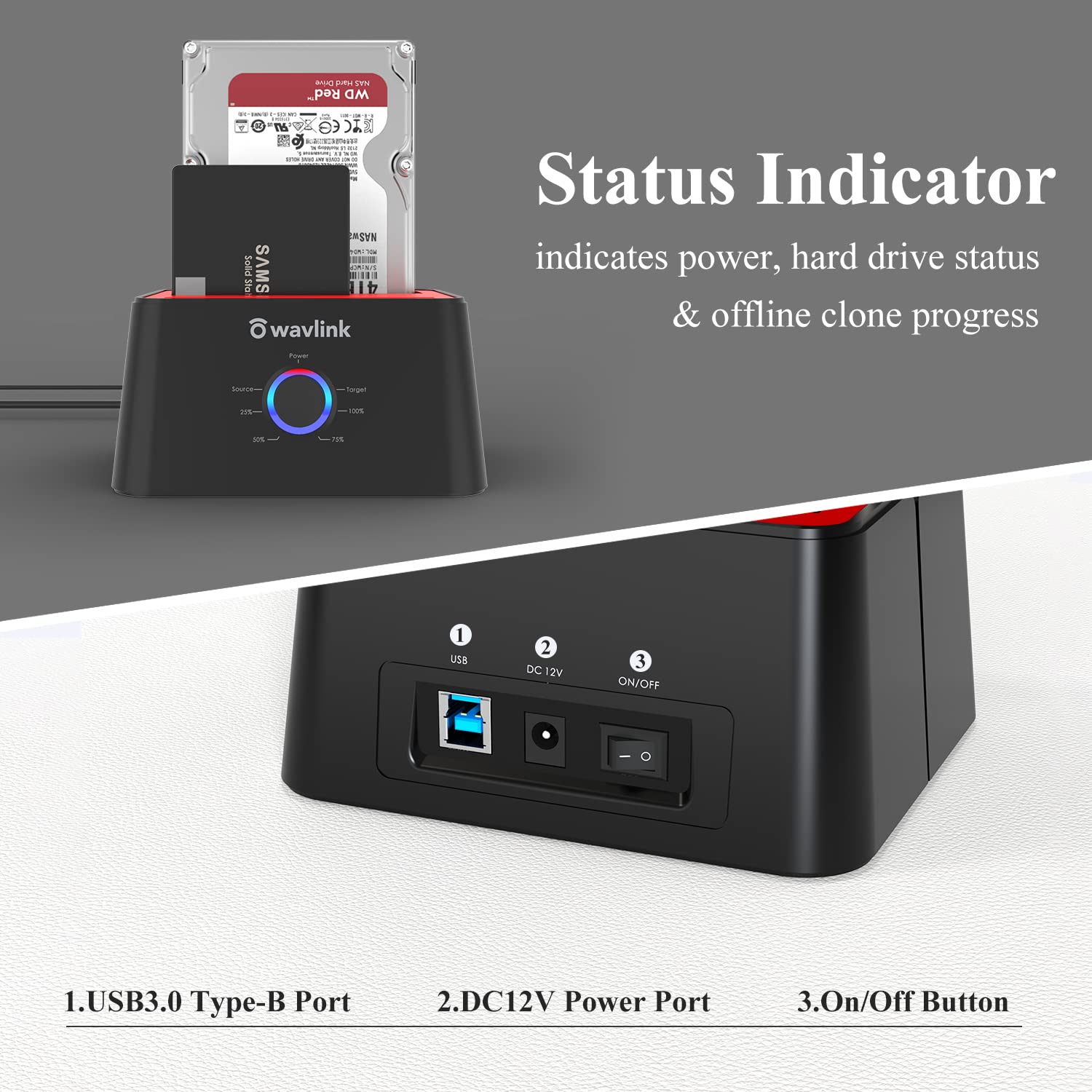 WAVLINK USB 3.0 to SATA External Hard Drive Docking Station,USB C Hard Drive Duplicator for Dual 2.5/3.5 Inch SSD HDD SATA Ⅱ/Ⅲ Support Tool-Free& 2×16TB &UASP with Offline Clone,Inculde Power Adapter