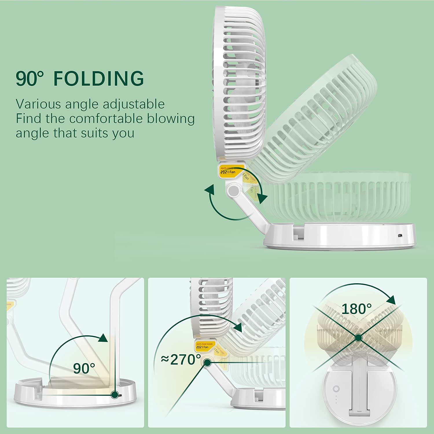 Taipow Table Fan USB Desk Fan, Portable Adjustable Folding Fan 3-level Desk Lamp Super Quiet Personal Fan with 3-speed Wind 5200mAh Rechargeable Battery for Office Home Bedroom