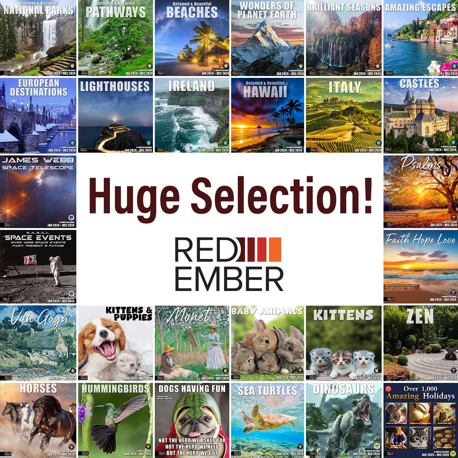 RED EMBER The Big Grid Jumbo Large Print - Pyramids 2024 Hangable Monthly Wall Calendar - 12" x 24" Open | Giftable | Easy to Read Planners for Office Extra Large | Massive Writing Space