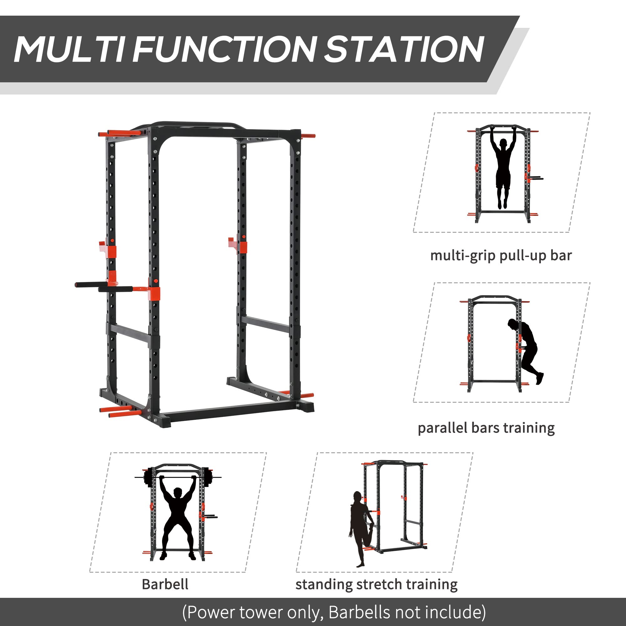 Soozier Adjustable Power Tower Dip Station Pull Up Bar Squat Rack Power Cage At Home Workout Equipment, Upper Body Strength Training Equipment