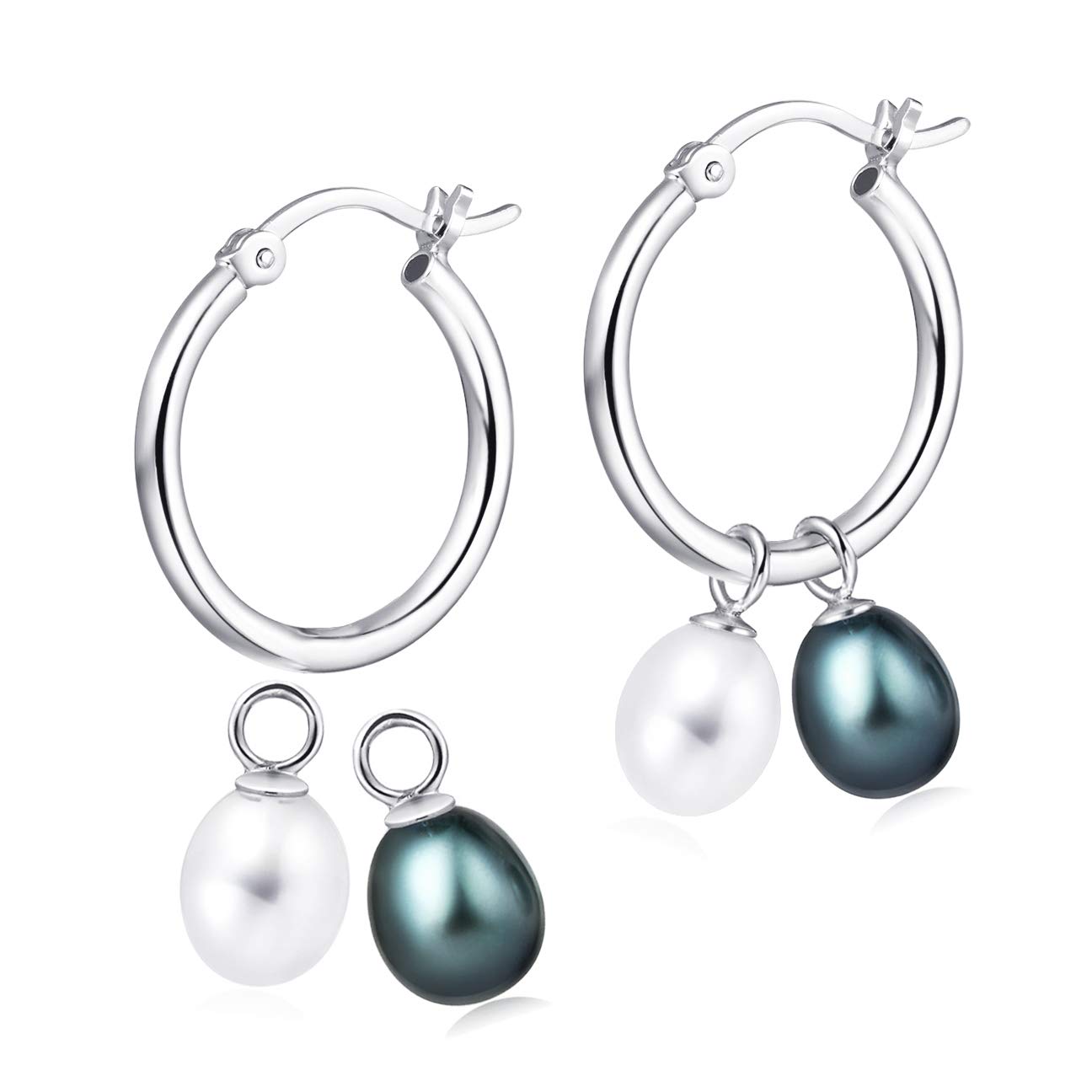 MOLAH 925 Silver Multi-use Hoop Sade Earrings 7-7.5mm Cultured Freshwater Drop White and Black Peacock Pearl 4-in-1 Rhodium Plated