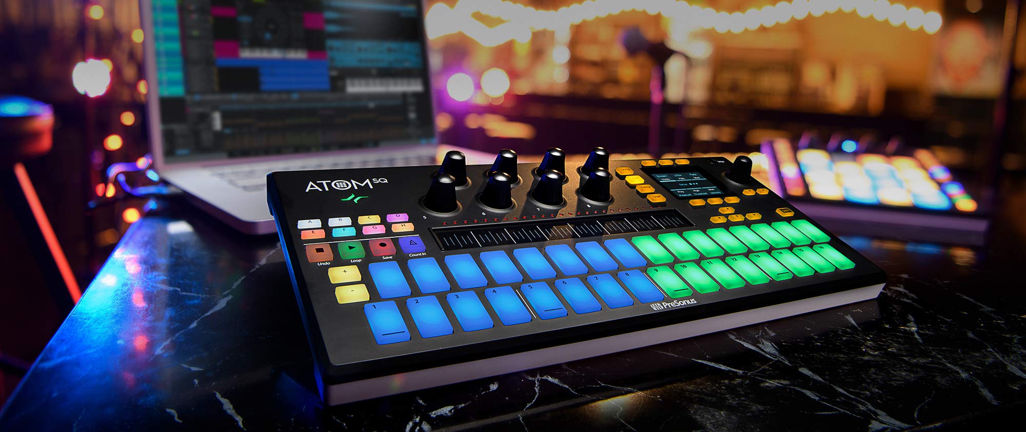 PreSonus ATOM SQ Hybrid MIDI Keyboard/Pad Performance and Production Controller Bundle with Samson SR850 Semi-Open Studio Headphones, Blucoil USB Hub Type-A, 3' USB Extension Cable, and 5x Cable Ties