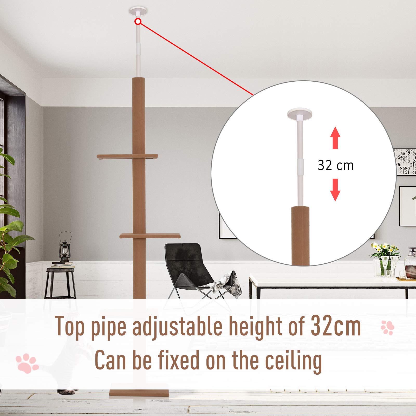 PawHut Floor-to-Ceiling Cat Tree Cat Climbing Tower with Sisal-Covered Scratching Posts Natural Cat Tree Activity Center for Kittens Cat Tower Furniture, Brown