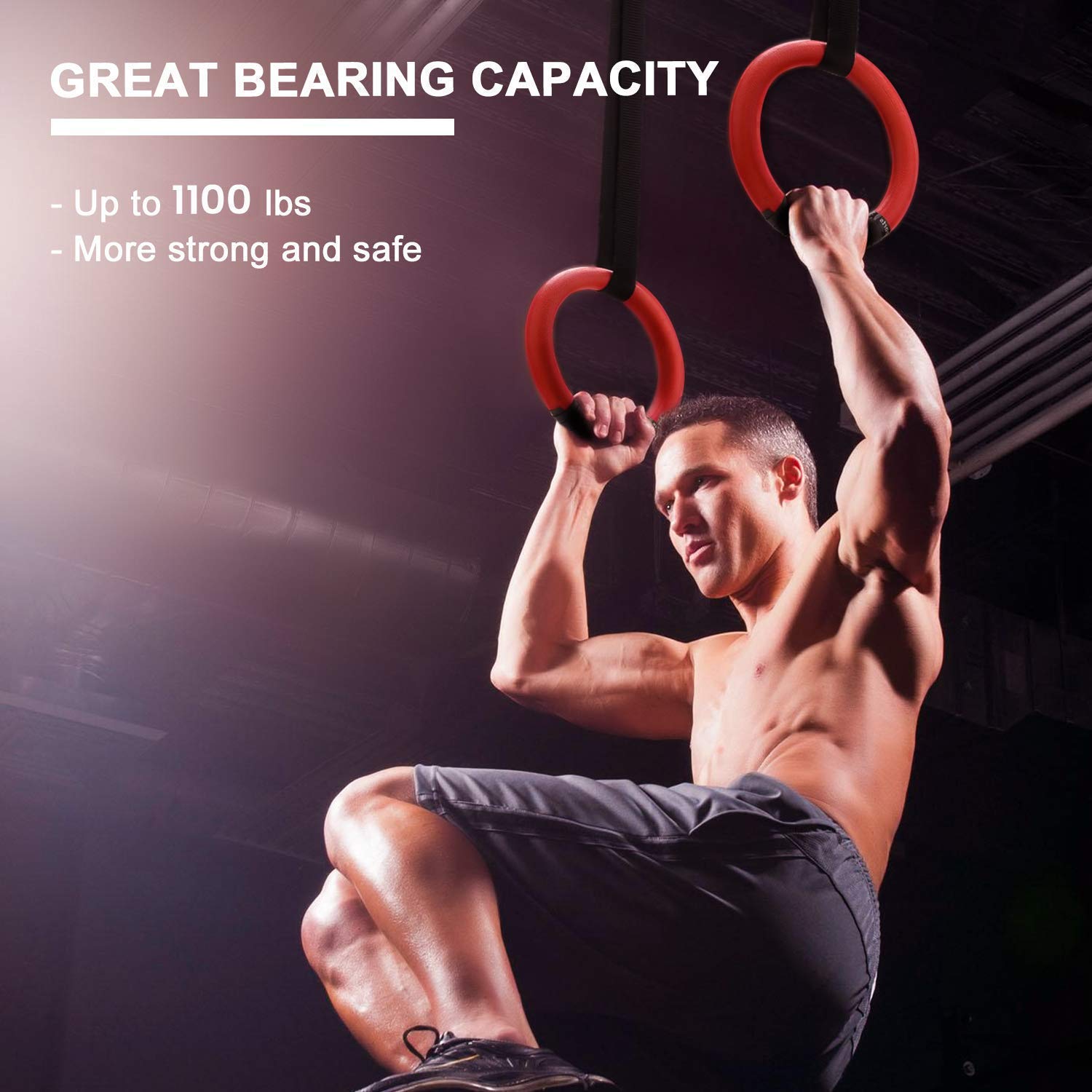 PACEARTH Gymnastic Rings 1100lbs Capacity with 14.76ft Adjustable Buckle Straps Pull Up & Gymnastics Rings Elbow Brace for Home Gym Full Body Workout