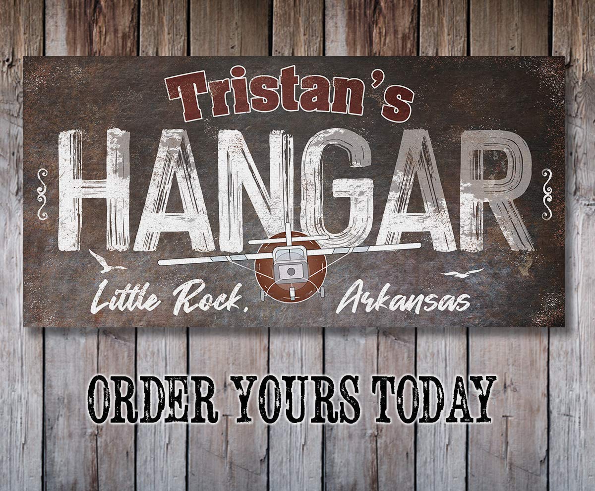 Personalized Hangar Airplane Print - Custom Print with Name and City State, Pilot Name Print and Aviation Sign, Antique Airplane Decor and Man Cave Gift, Rustic Metal Style Canvas Print 12x24