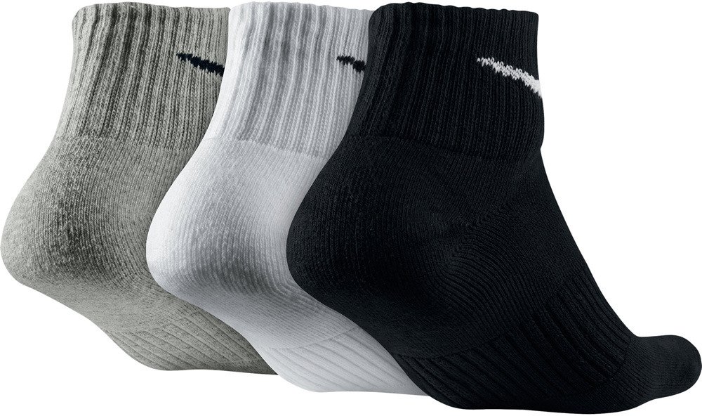NIKE Unisex Performance Cushion Quarter Training Socks (3 Pairs), Black/White/Grey, Large
