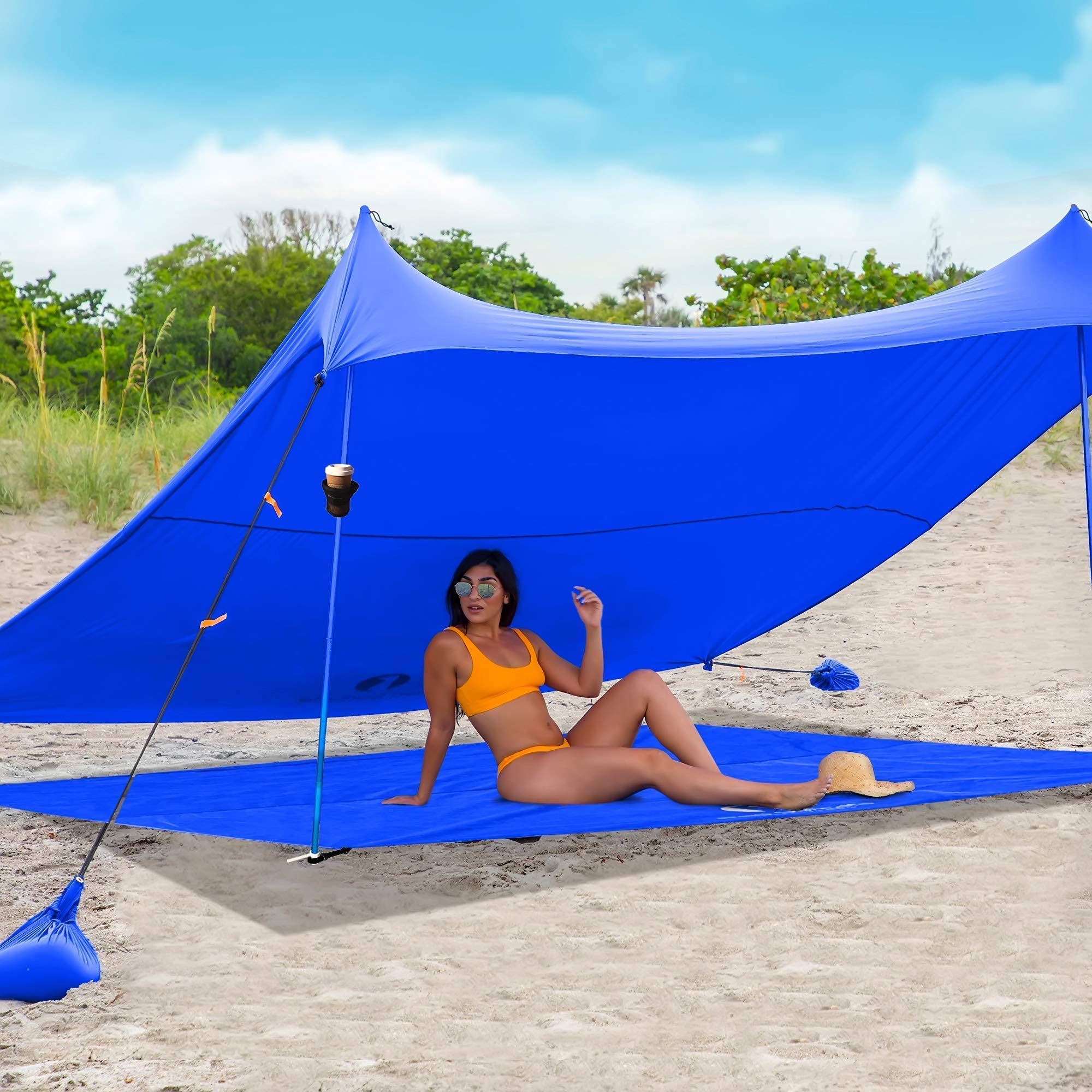 Red Suricata Family Beach Tent & Beach Canopy, Matching Sand Free Beach Mat Blanket & 2 Beverage Holders Bundle - UPF50 UV Sun Shade Shelter (Large, Blue)