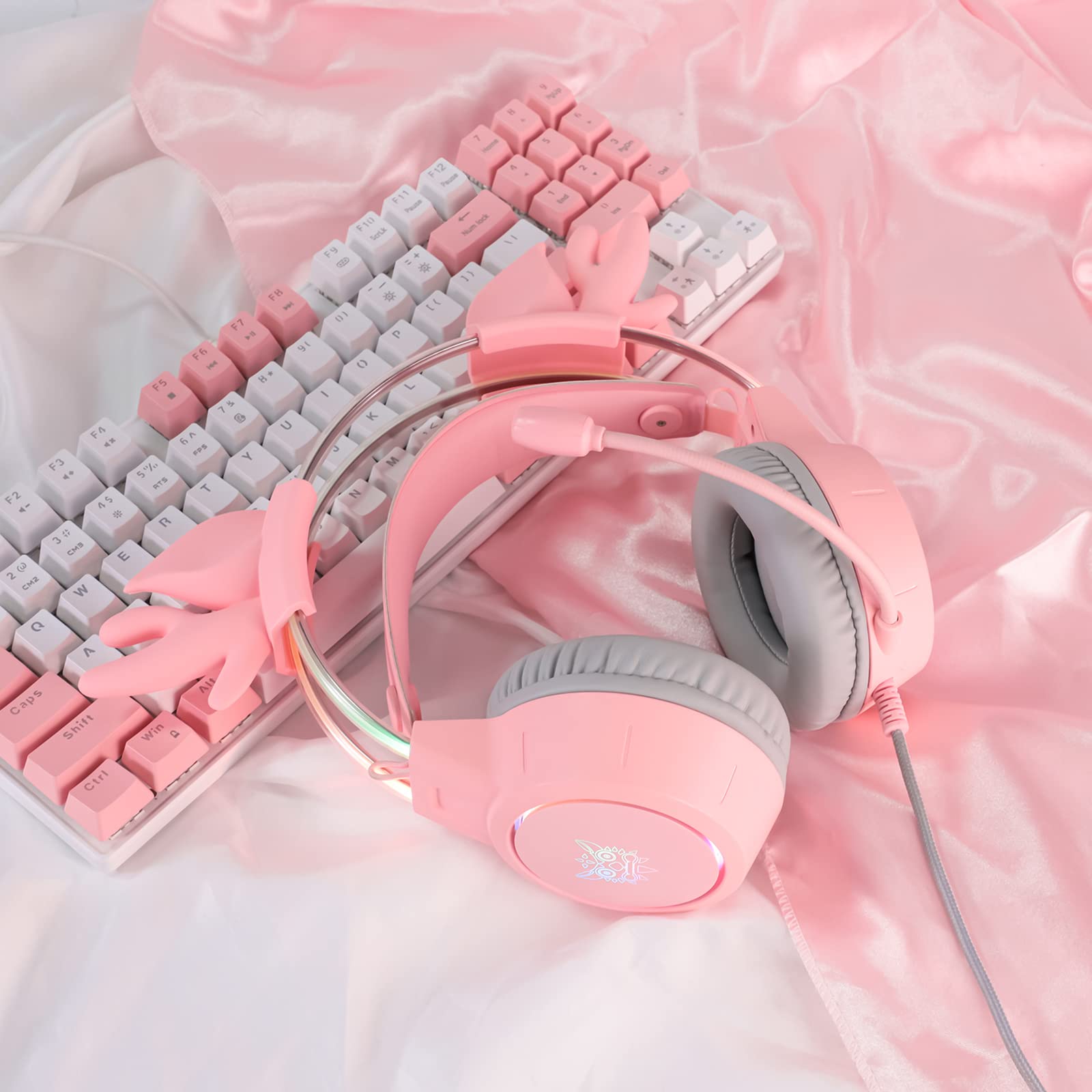 SIMGAL Antler Gaming Headset with Mic, 3.5mm Lightweight Headphones with RGB Aluminum Frame, Surround Sound, Compatible with PS4 PS5 Xbox One(Adapter Not Included) PC Mobile (Pink with Antler)