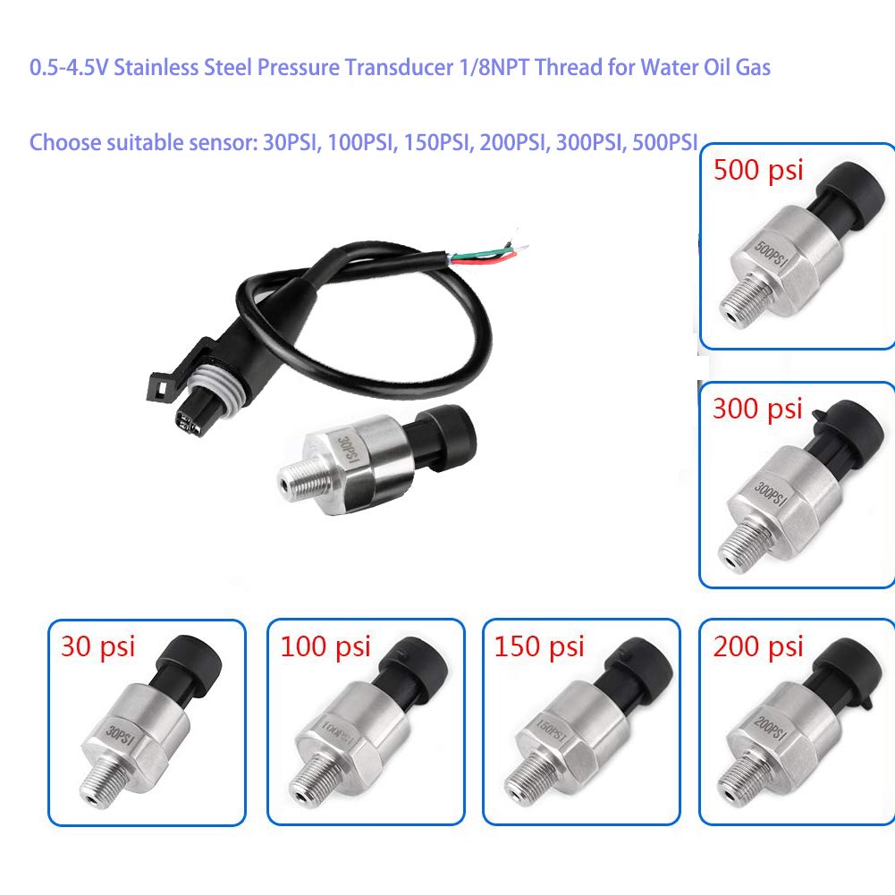 Pressure Transducer Sender Sensor for Oil Fuel Air Water 1/8"NPT Thread Stainless Steel Sensor 30Psi 100Psi 150Psi 200Psi 300Psi 500Psi (150 Psi)