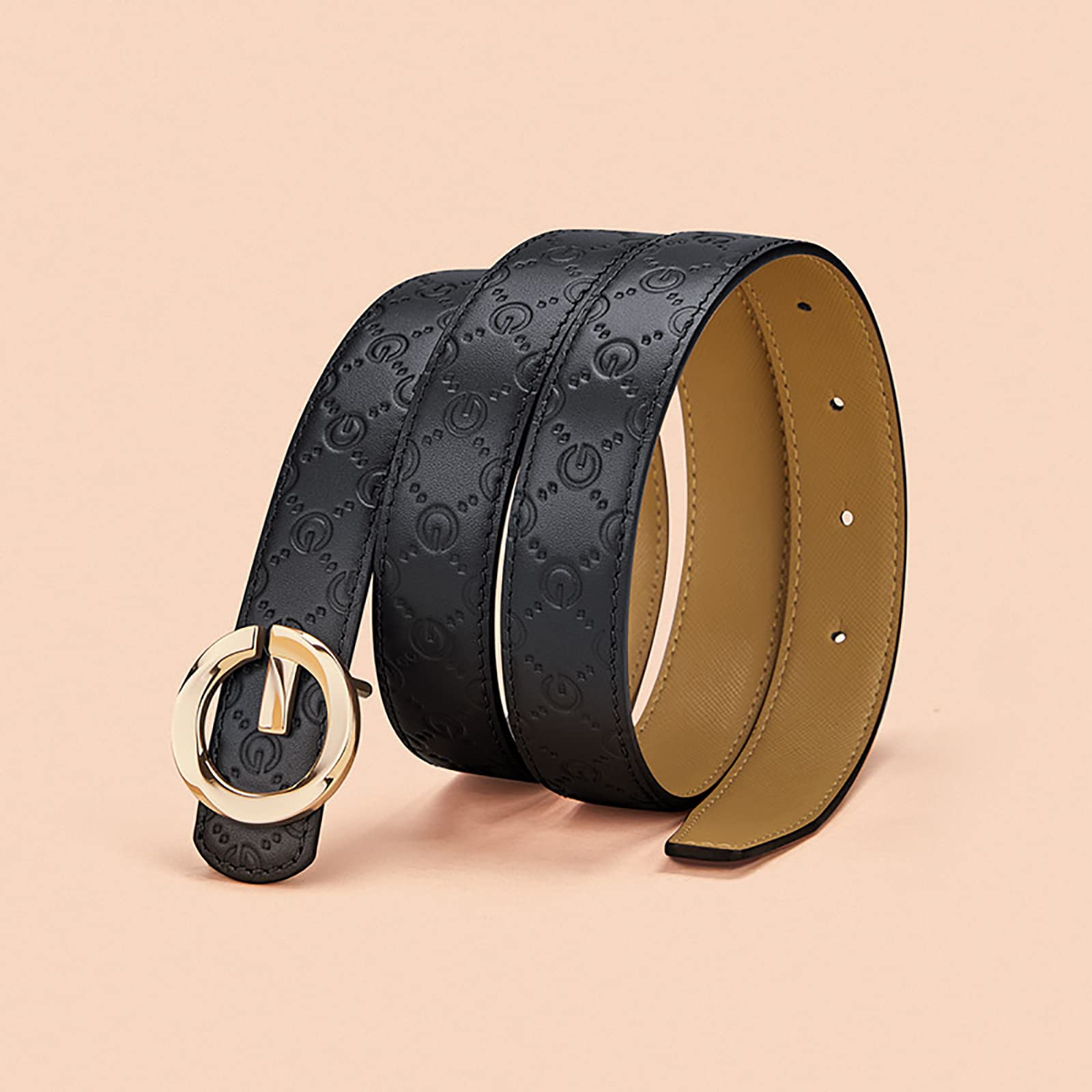 VANNANBA Belts for Women Genuine Leather with Letter Pinhole Buckle Belt