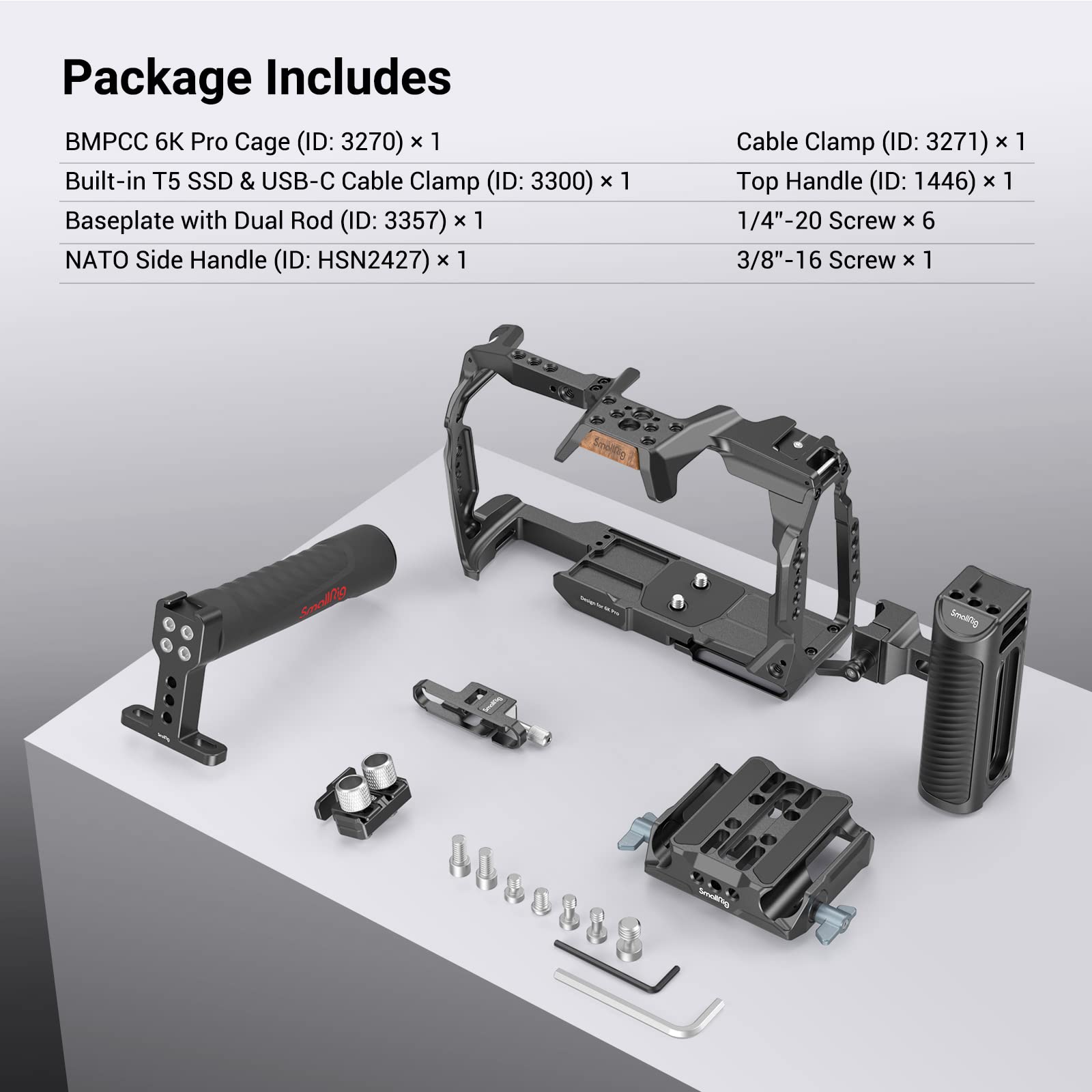 SmallRig Camera Cage Kit for BMPCC 6K Pro / 6K G2, with Camera Cage, 15mm Baseplate, Top Handle, Side Handle, Cable Clamp for HDMI, SSD Mount for BMPCC 6K Pro / 6K G2-3584